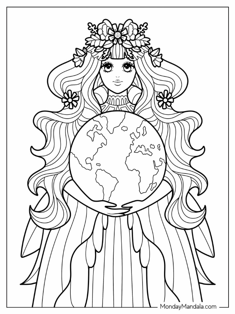 Beautiful Anime Girl Holding The Earth Coloring Page | PDF