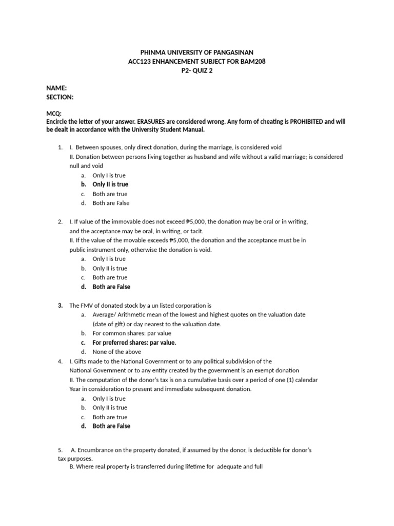 Donors Tax P2 Quiz 2 Answer Key | PDF | Taxes | Economies