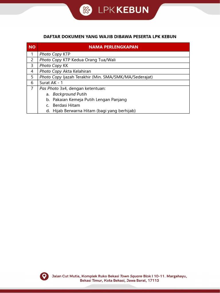 Perlengkapan Yang Harus Di Bawa Siswa LPK Kebun | PDF