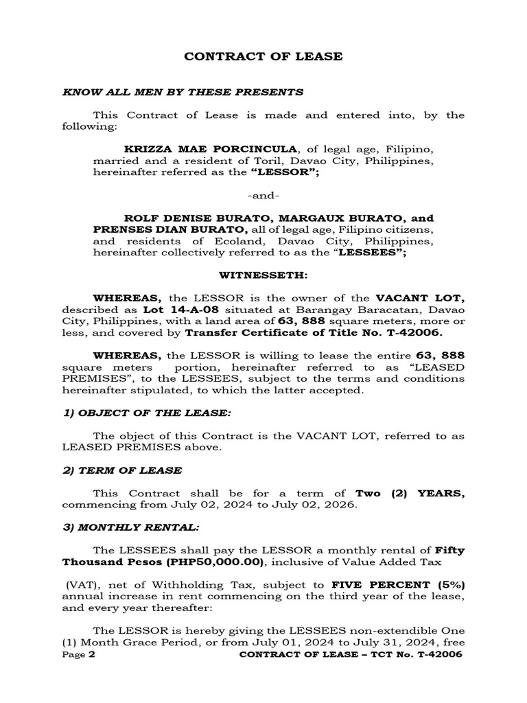 Davao City Lease Contract Details | PDF | Lease | Private Law