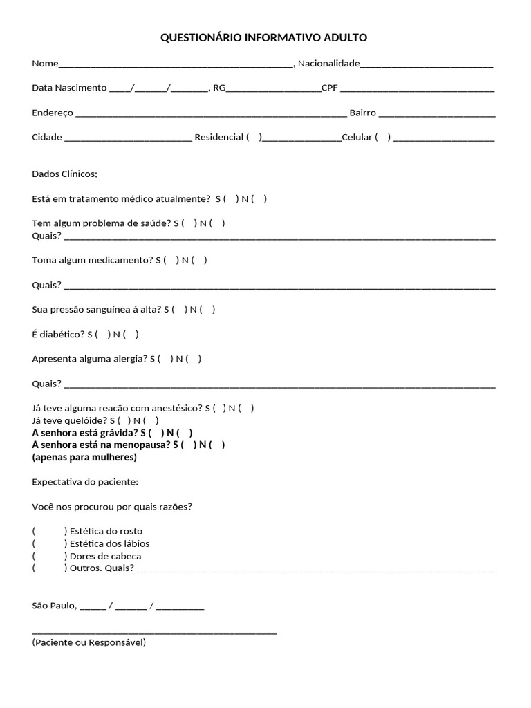 Questionário Informativo para Adultos | PDF