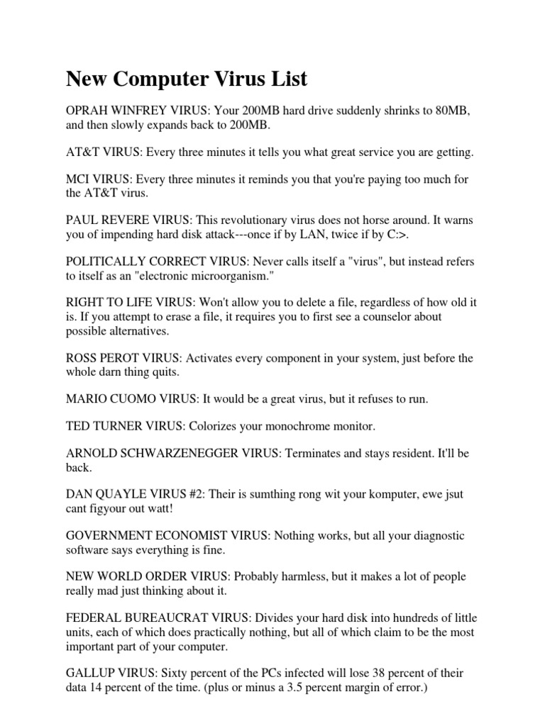 Humorous Computer Virus List | PDF | Computing | Computer Hardware