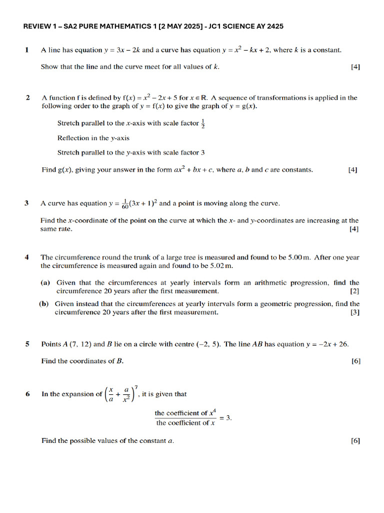 Review1 Pure Maths 1 SA2 AY 2425 | PDF