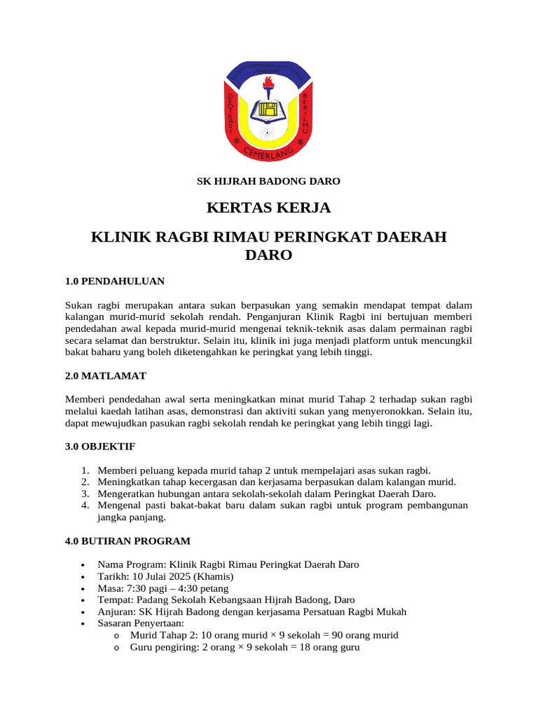 Kertas Kerja Klinik Ragbi Rimau Peringkat Daerah Daro | PDF