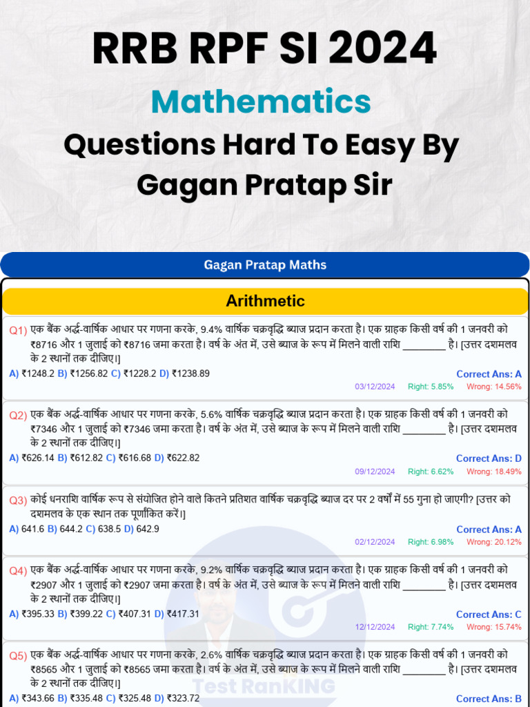 RRB RPF SI 2024 Mathematics Questions | PDF