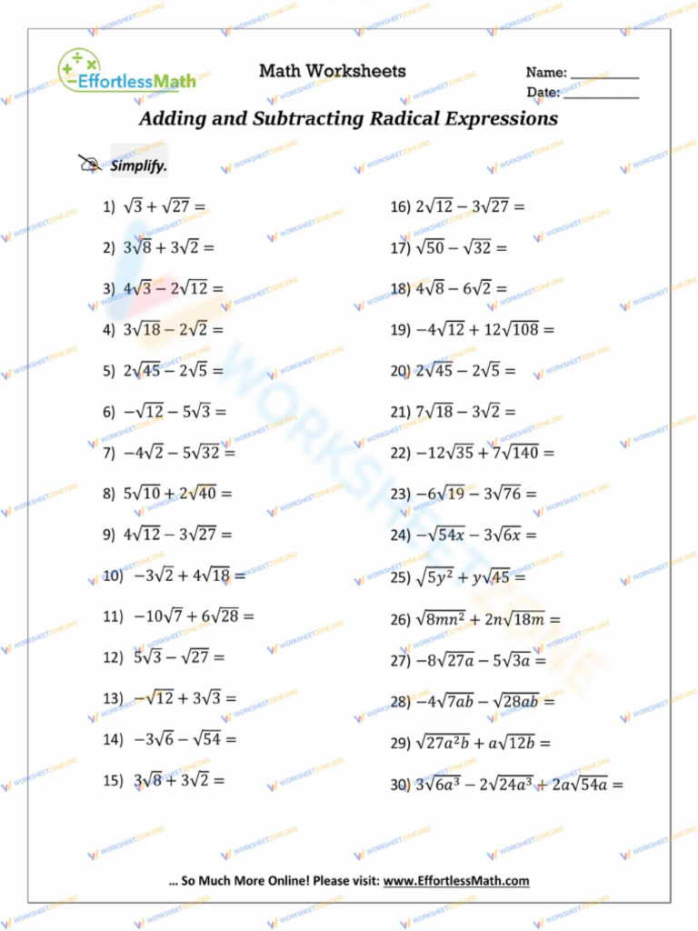 Adding and Subtracting Radical Expressions (1) | PDF