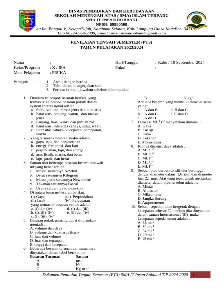 PTS Fisika SMA IT Insan Robbani 2024 | PDF