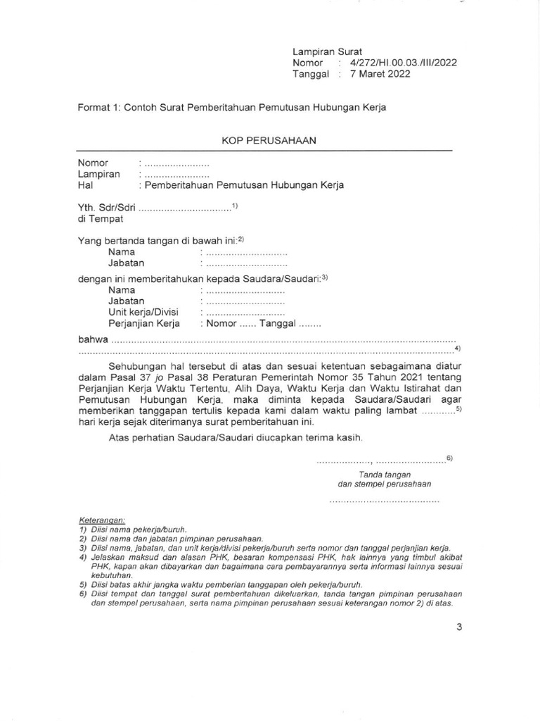 Contoh Pemberitahuan Dan Laporan PHK Dari KEMENAKER | PDF