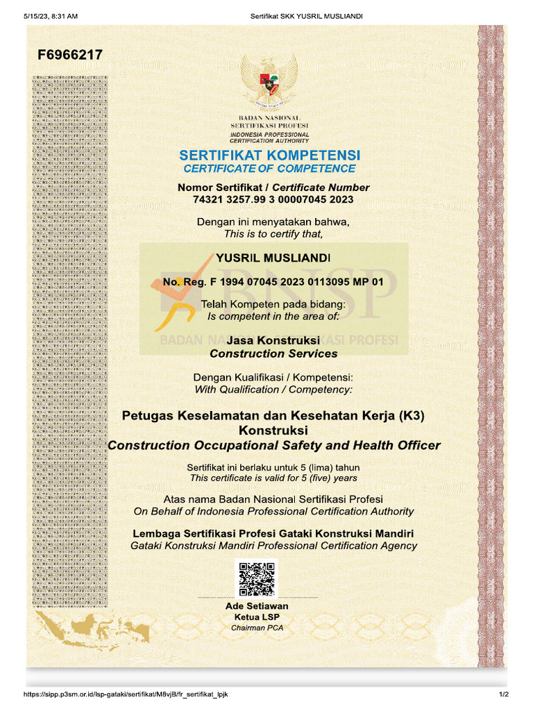 SKK Petugas k3 Yusril | PDF