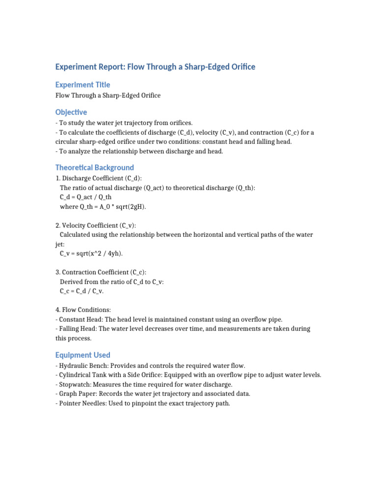 Flow Through Sharp-Edged Orifice Report | PDF | Discharge (Hydrology ...