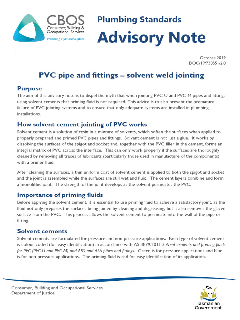 Plumbing Standards Advisory Note PVC Pipe and Fittings Solvent Weld ...