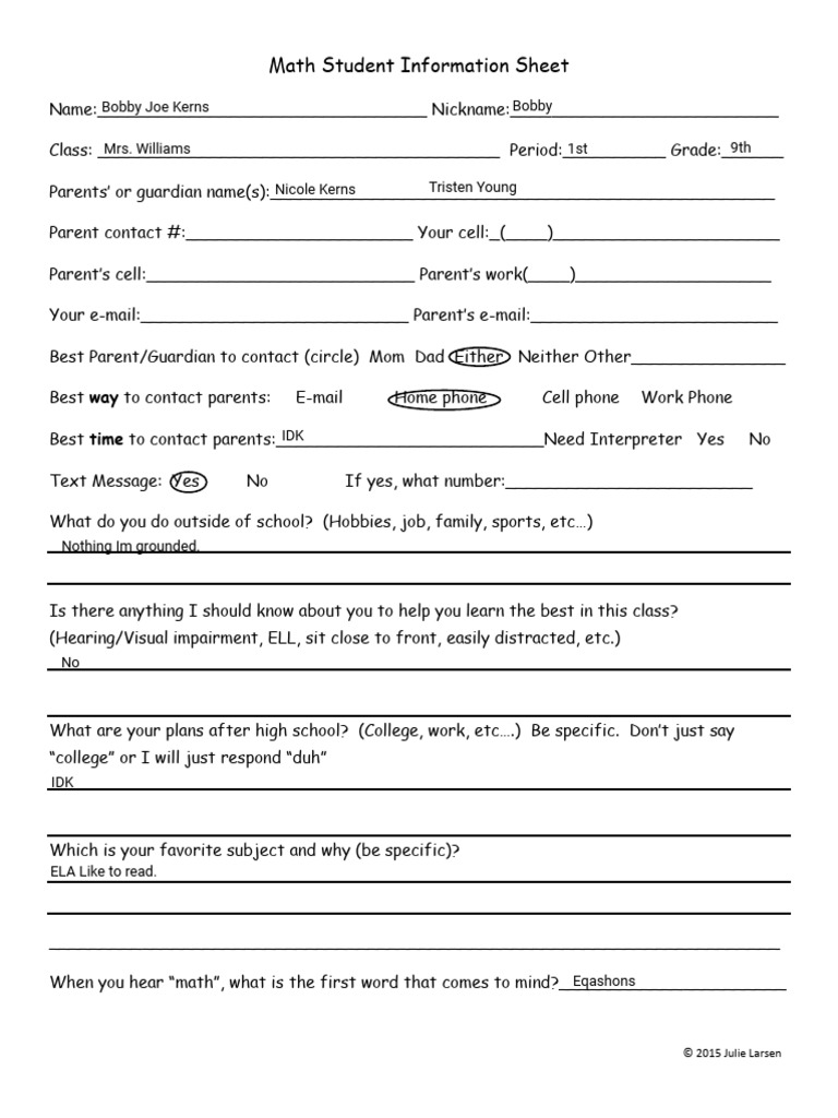 Bobby Kerns - Bobby Kerns - Secondary Student Information Sheet | PDF ...