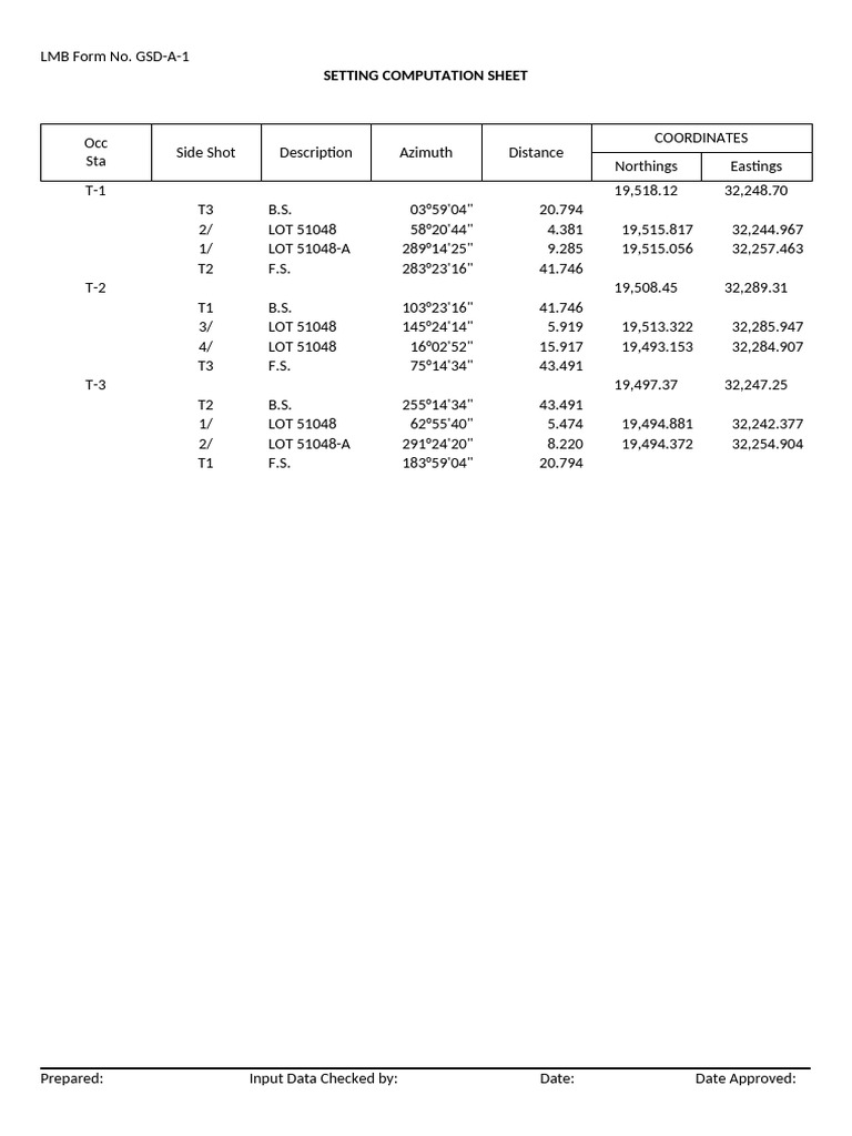 LMB GSD-A-1 Setting Computation Sheet | PDF
