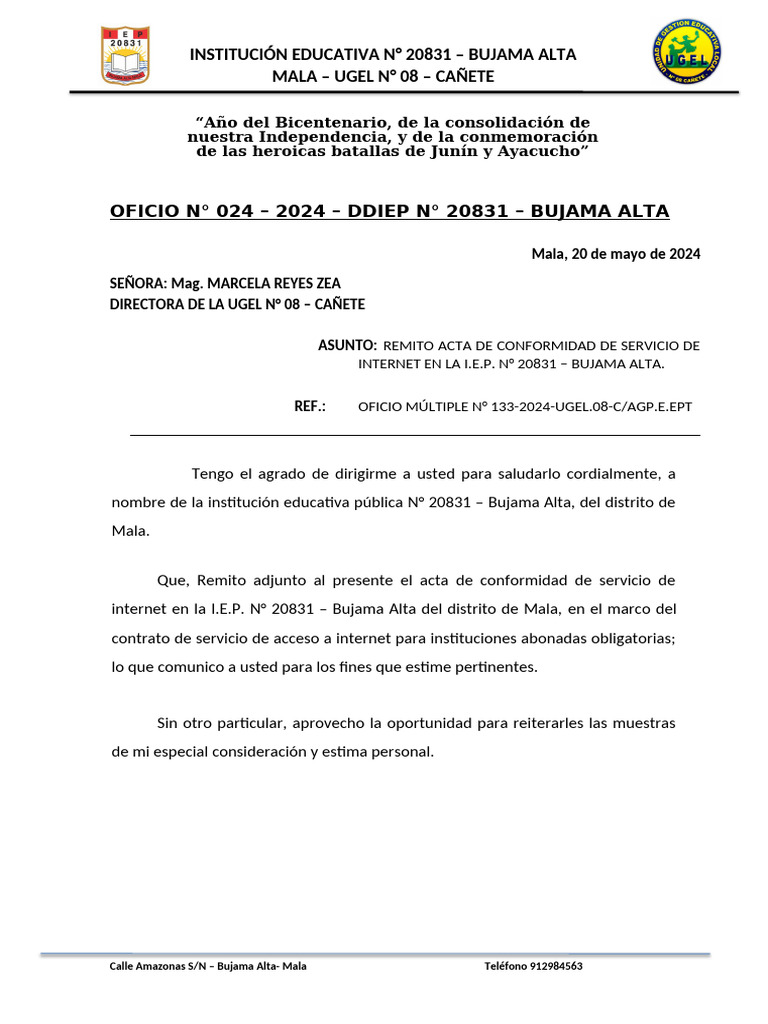 Oficio Remito Acta Conformidad Servicio de Internet | PDF
