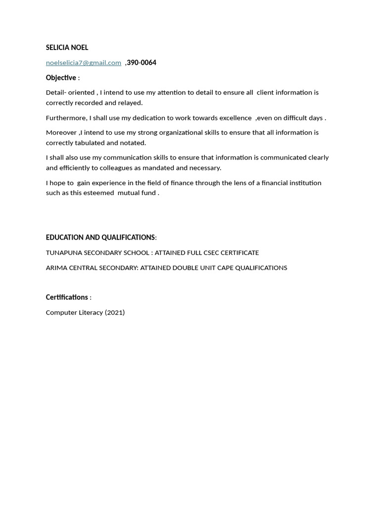 Selicia Noel - Resume | PDF | Human Communication
