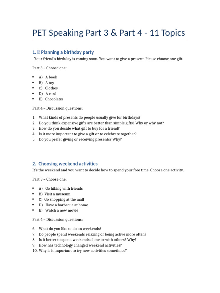 PET Speaking Topics: Gifts & Activities | PDF | Gift