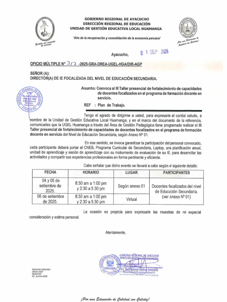 Oficio III Taller Formacion Docente-Setiembre - Ok | PDF | Perú