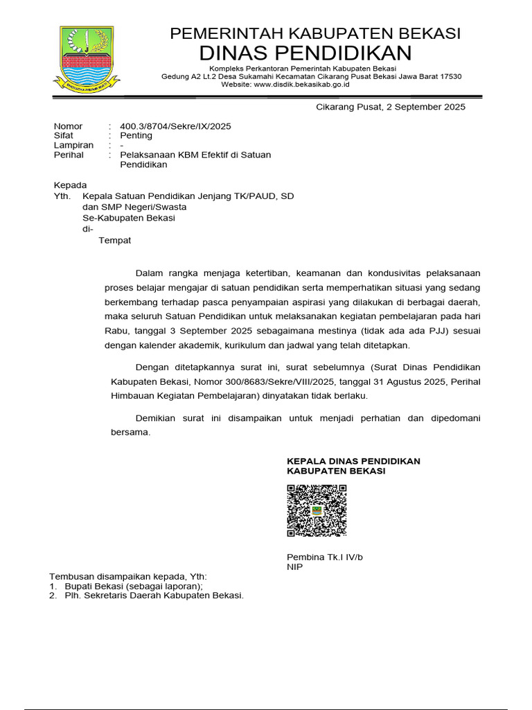 Pelaksanaan KBM di Kabupaten Bekasi | PDF