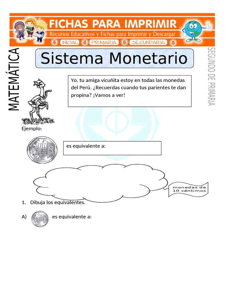 Ficha de Sistema Monetario para Segundo de Primaria | PDF | Moneda