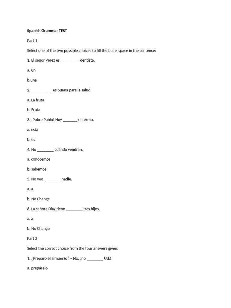 Spanish Grammar TEST | PDF