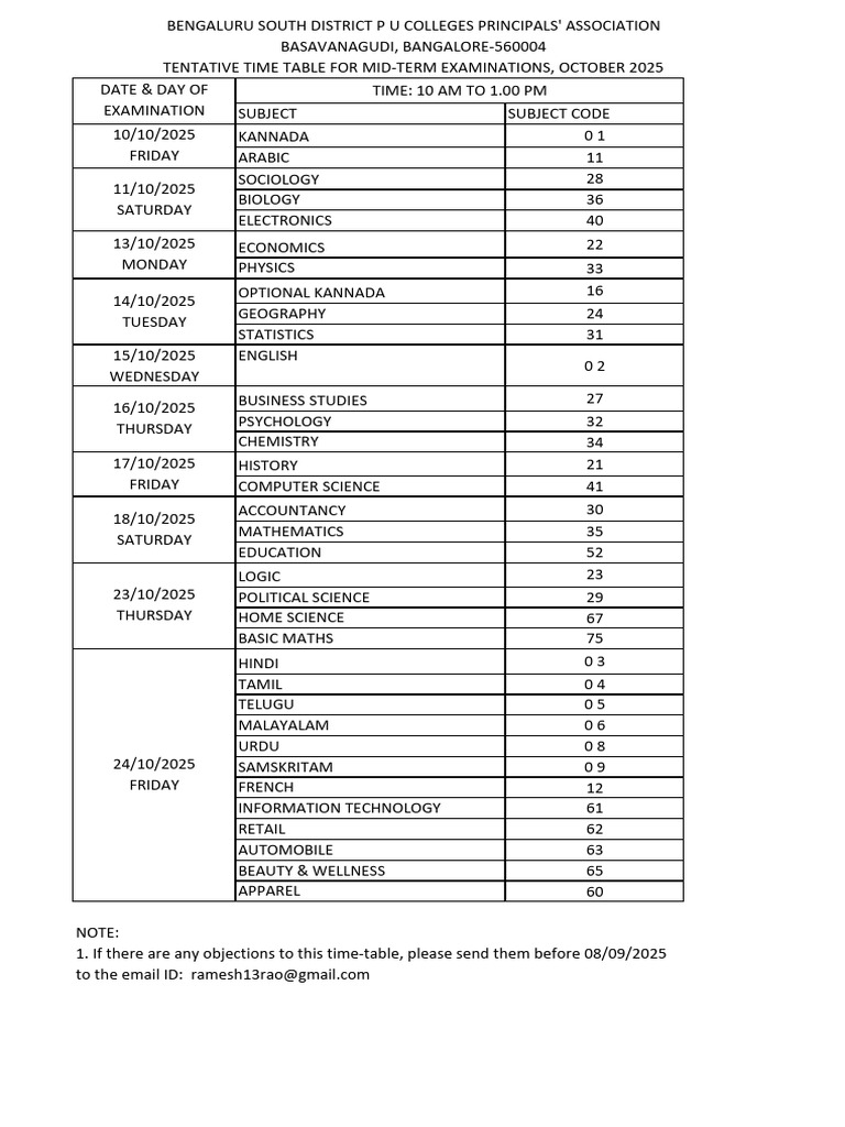 Mid Term Time Table | PDF | Science
