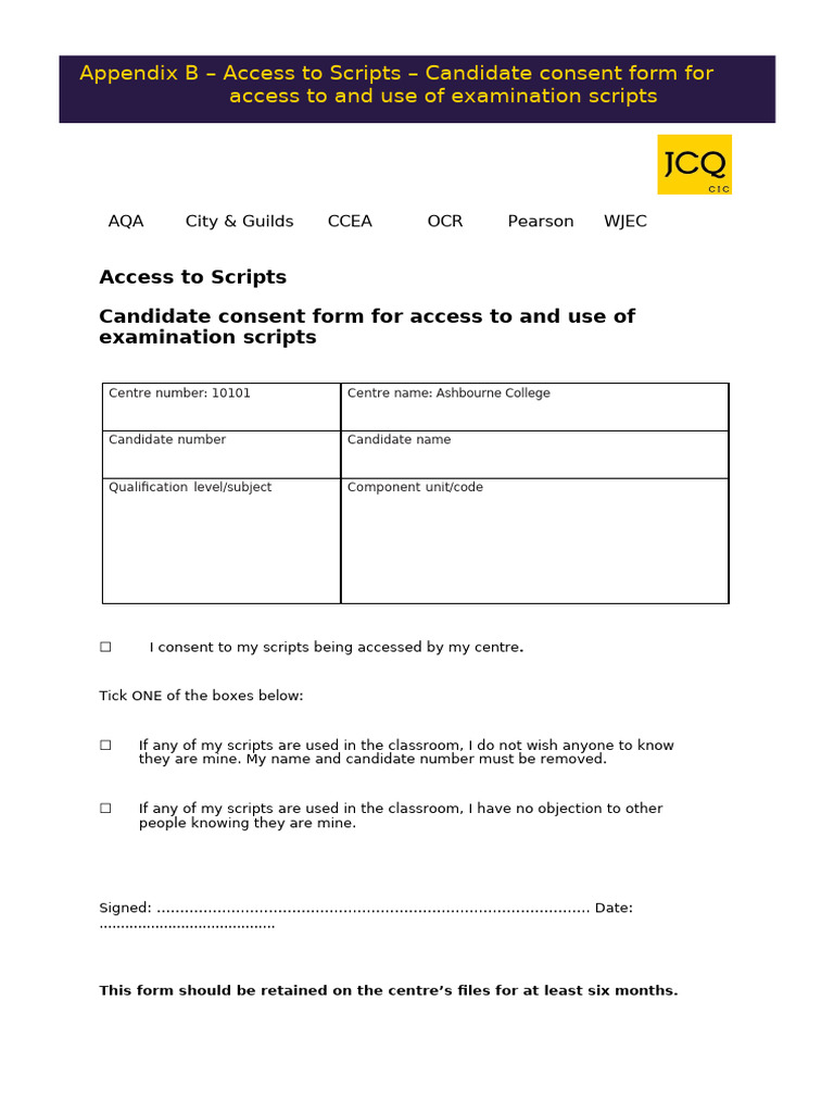 Candidate Consent Form for Exam Scripts | PDF