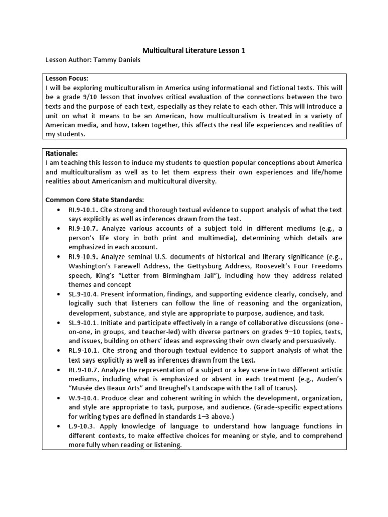 Multicultural Literature Lesson Plan 1 | PDF | Educational Assessment ...