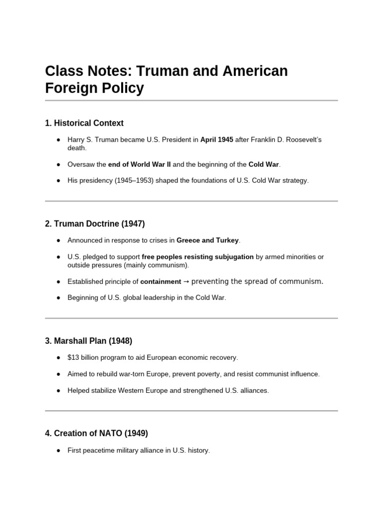 Class Notes - Truman and American Foreign Policy | PDF | Cold War ...