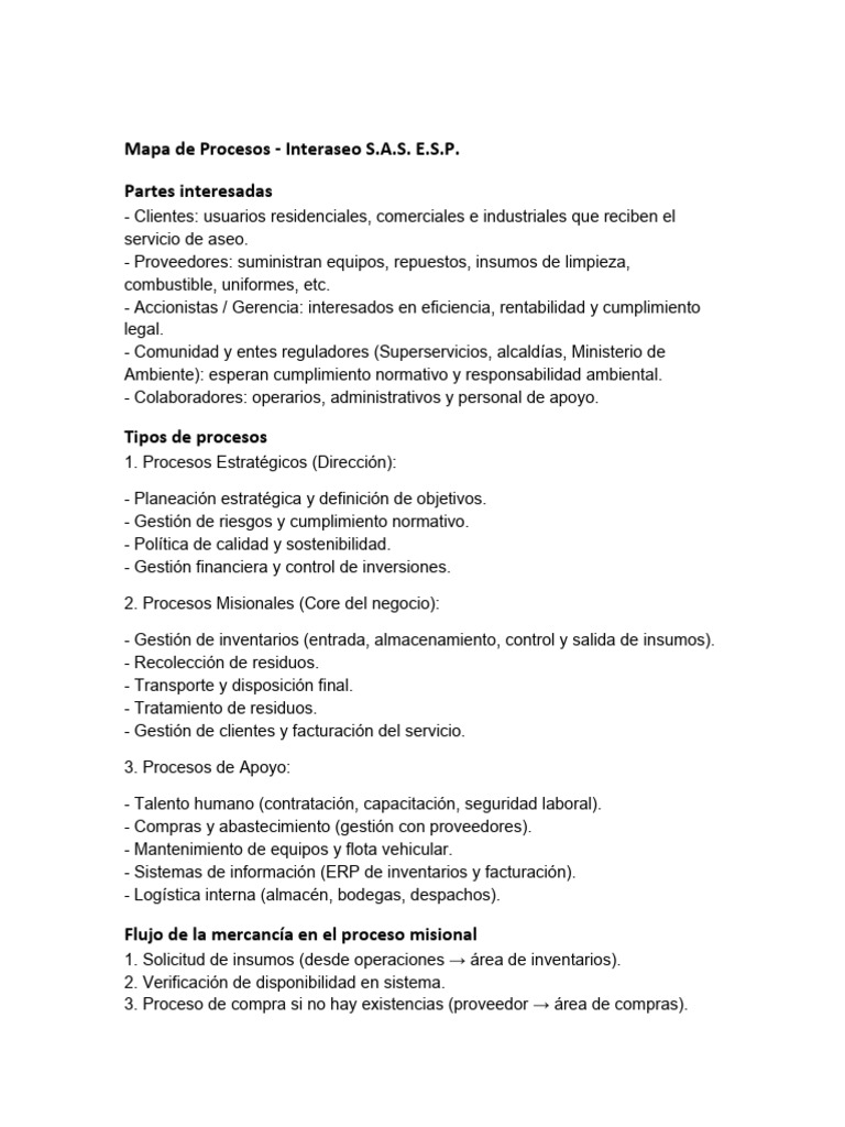 Mapa de Procesos de Interaseo S.A.S. | PDF | Logística | Calidad ...