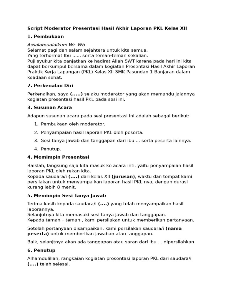 Script Moderator Presentasi Hasil Akhir Laporan PKL Kelas XII | PDF
