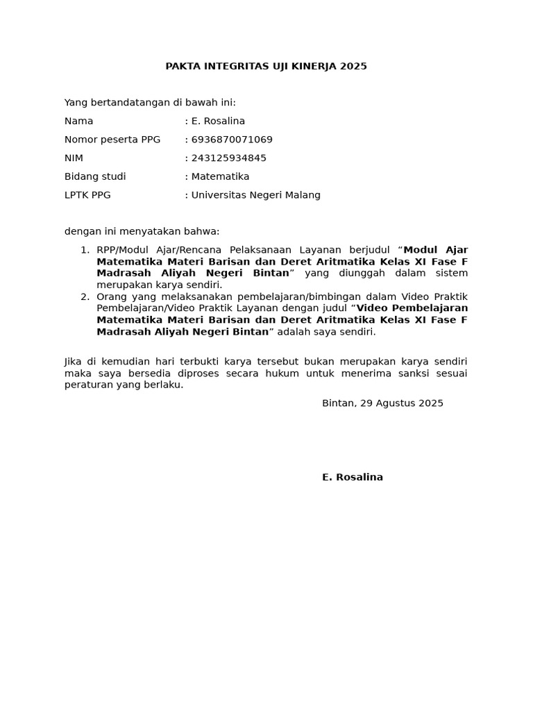 Pakta Integritas Uji Kinerja Kemenag | PDF