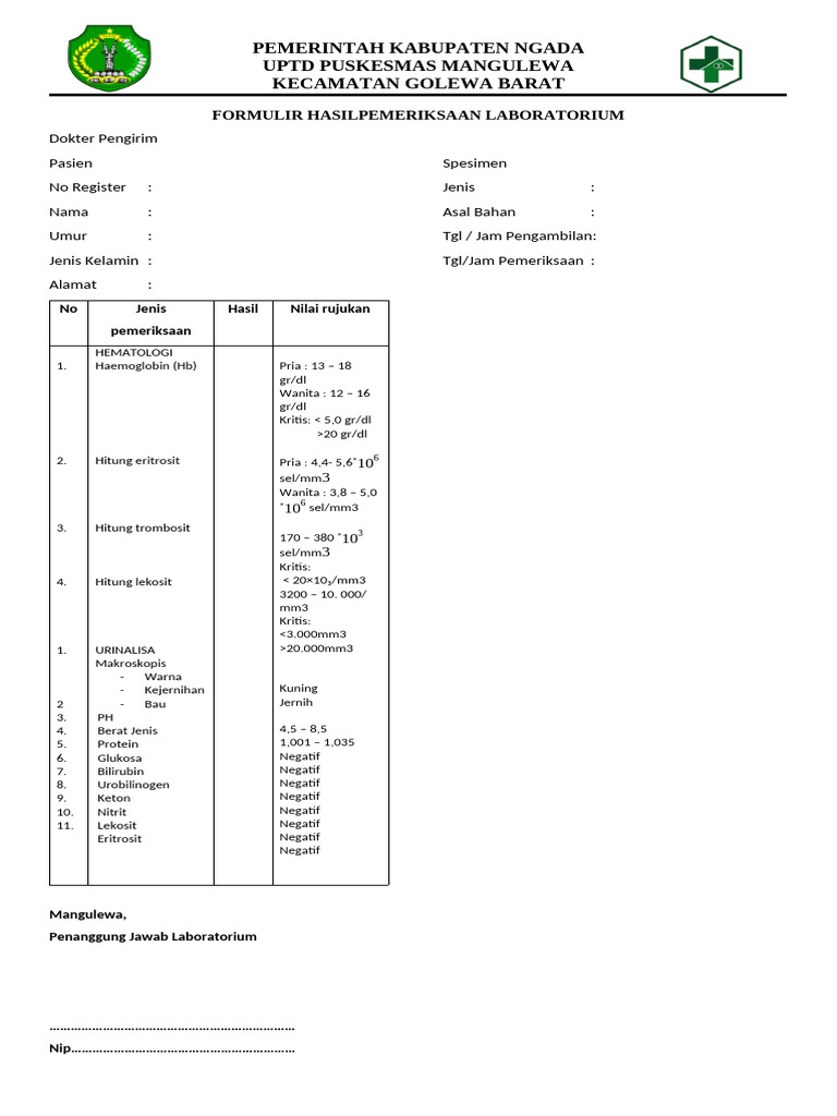 Form Hasil Pemeriksaan Lab | PDF