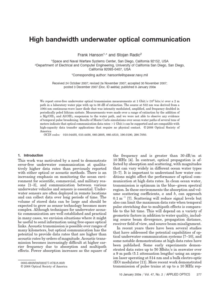 High Bandwidth Underwater Optical Communication | PDF | Optics | Laser
