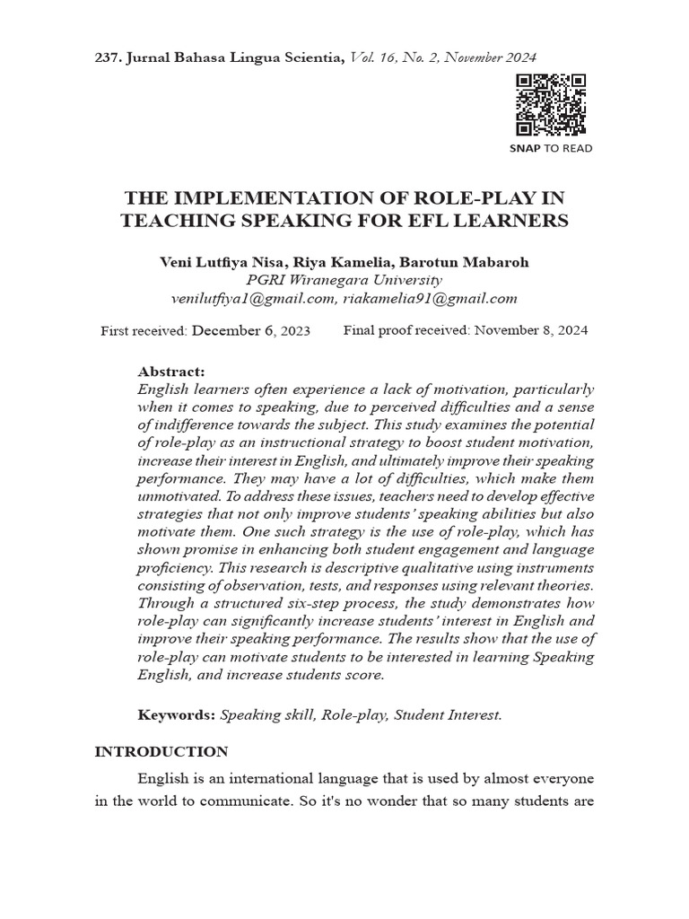 Artikel The Implementation of Role-Play in Teaching Speaking For Efl Learners | PDF | Foreign ...