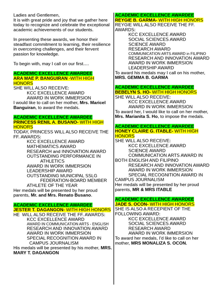 Academic Excellence Award Ceremony | PDF