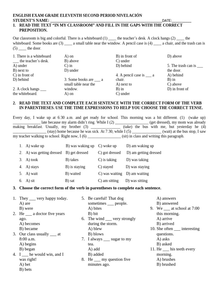 English Exam: Prepositions & Tenses | PDF | Classroom | Linguistics
