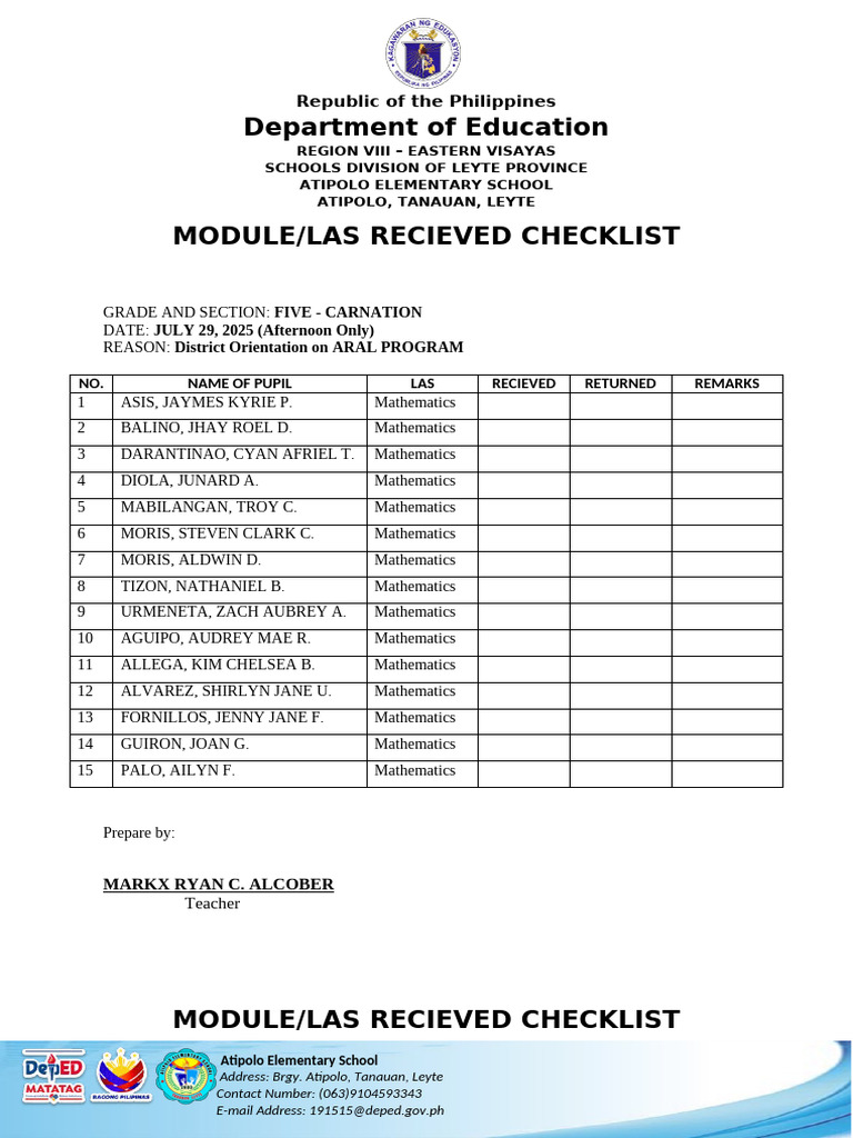 Atipolo Elementary Module Checklist | PDF | Mathematics