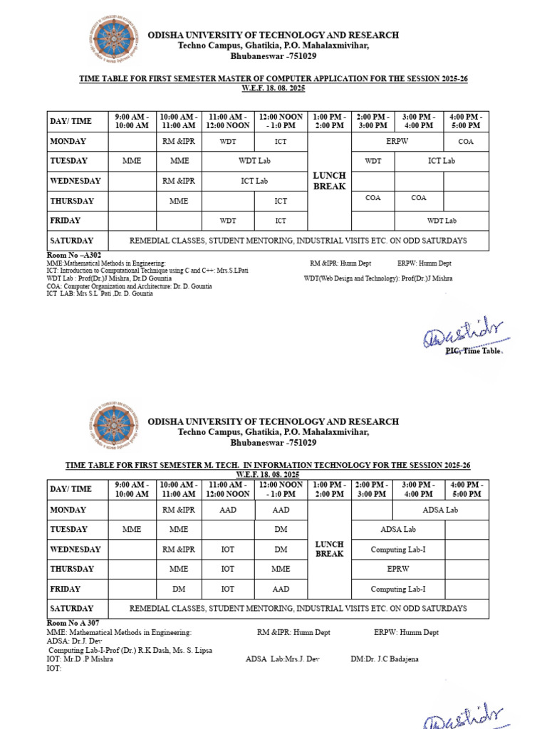 1st Sem Mtech Mca MSC Mba Time Table - Wef 18.08.2025 Updated-1 | PDF | Finite Element Method