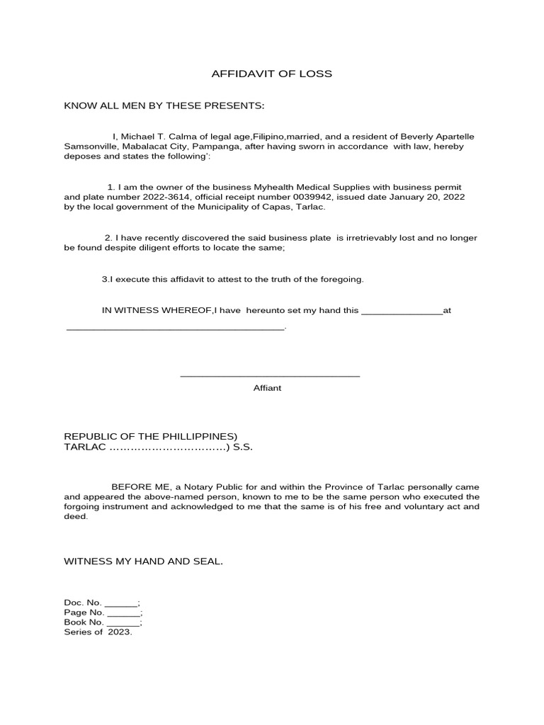 Affidavit of Loss Business Plate | PDF