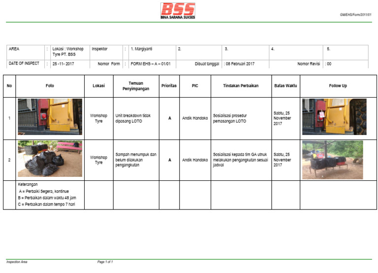 Form Inspeksi Workshop Tyre PT. BSS | PDF