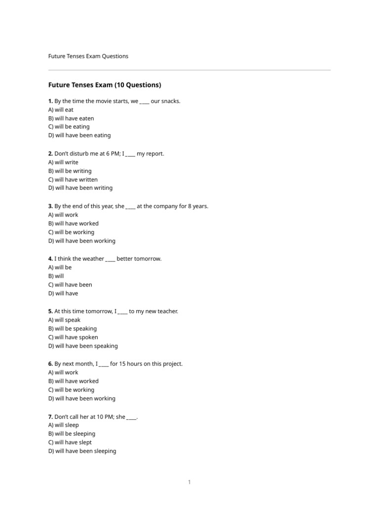 Future Tenses Exam Questions | PDF