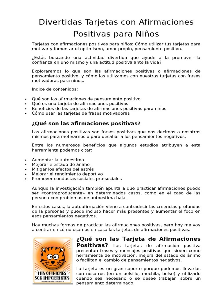 Divertidas Tarjetas Con Afirmaciones Positivas para Niños | PDF ...