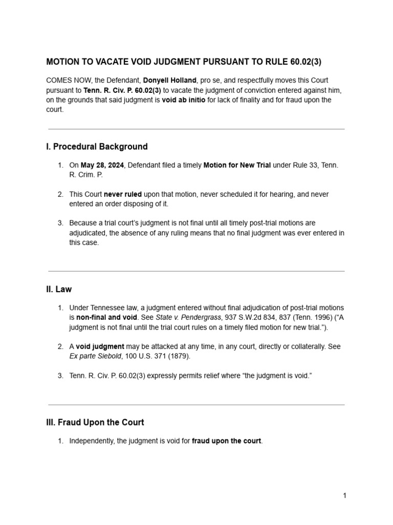 Motion To Vacate Void Judgment Pursuant To Rule 60 | PDF