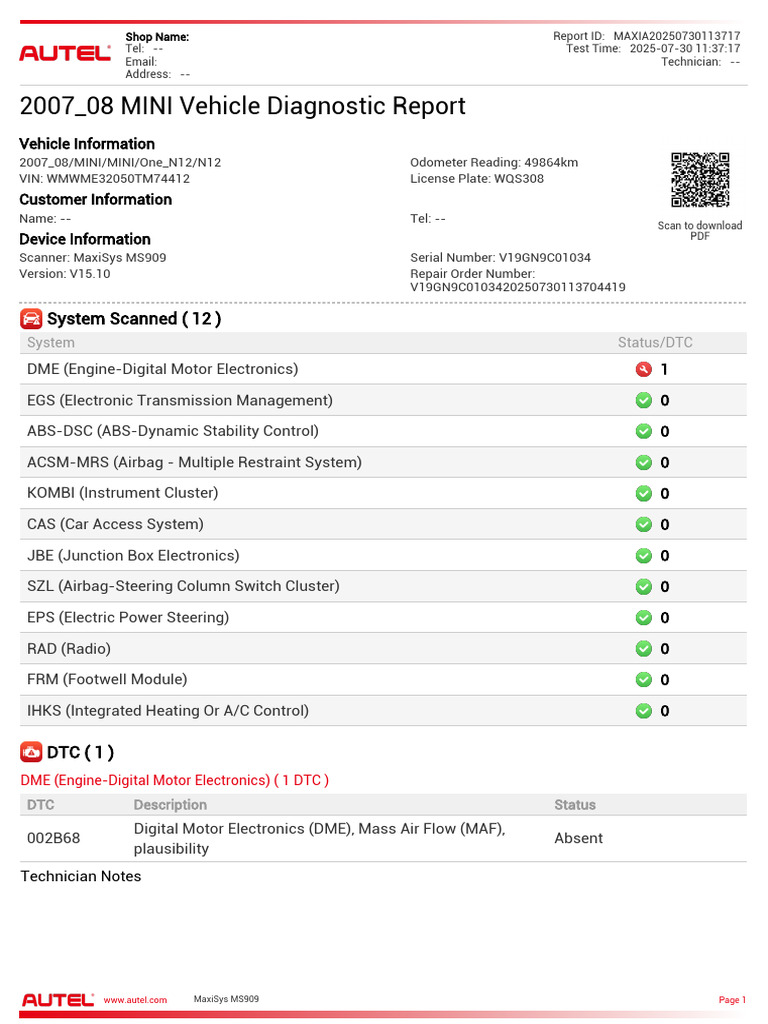 2007 - 08 MINI Vehicle Diagnostic Report - WMWME32050TM74412 ...