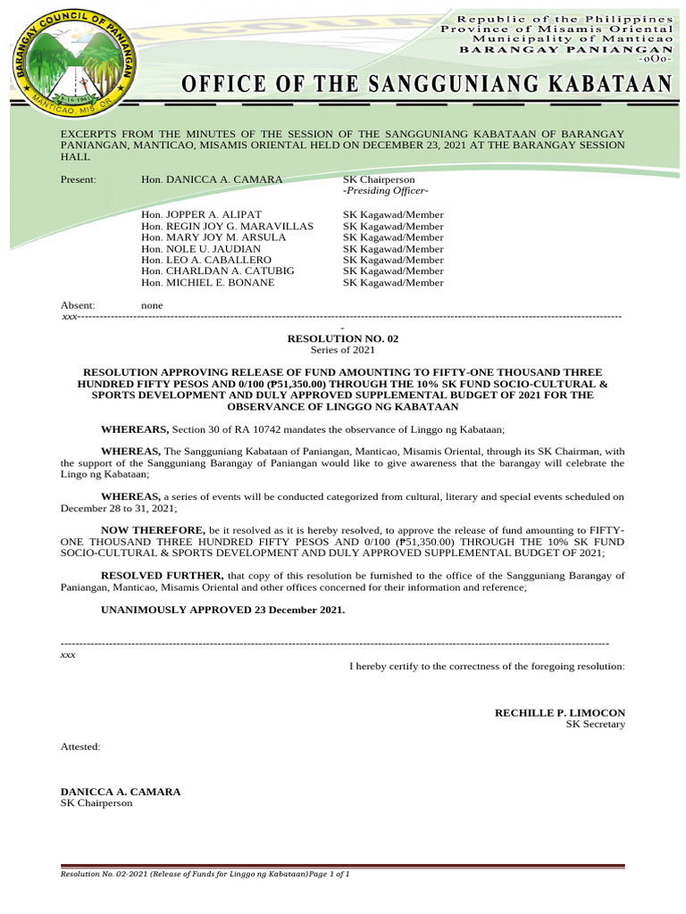 SK Resolution No. 02-2021 (Release of Fund For Linggo NG Kabataan ...