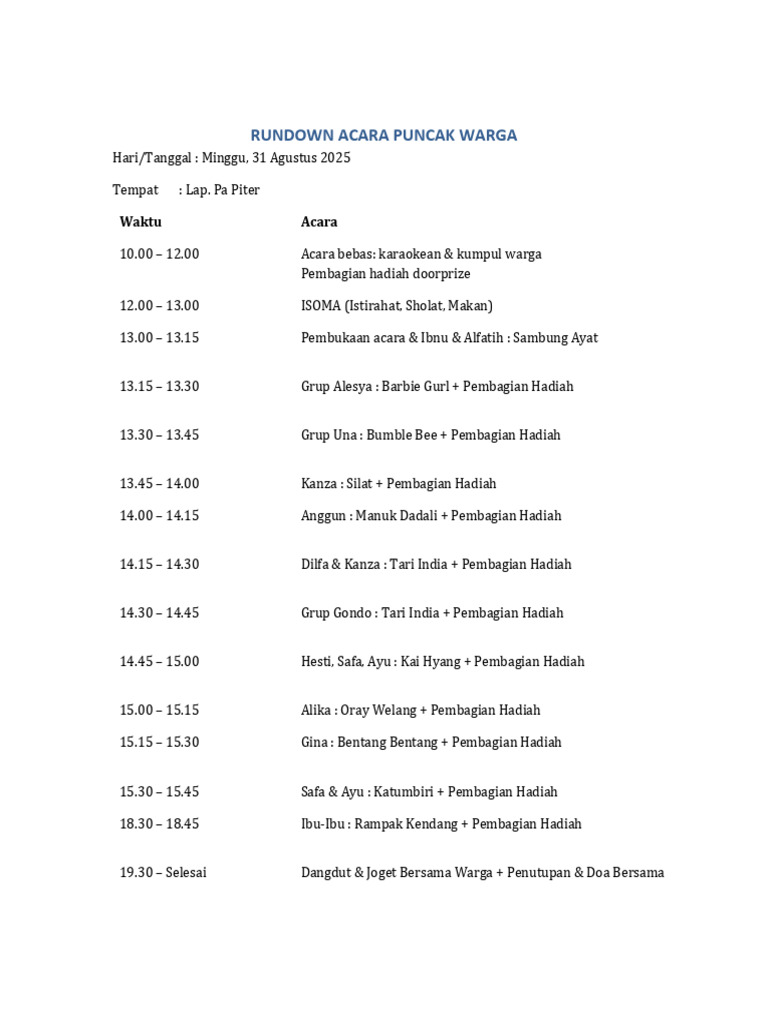 Rundown Acara Puncak RT 04 | PDF