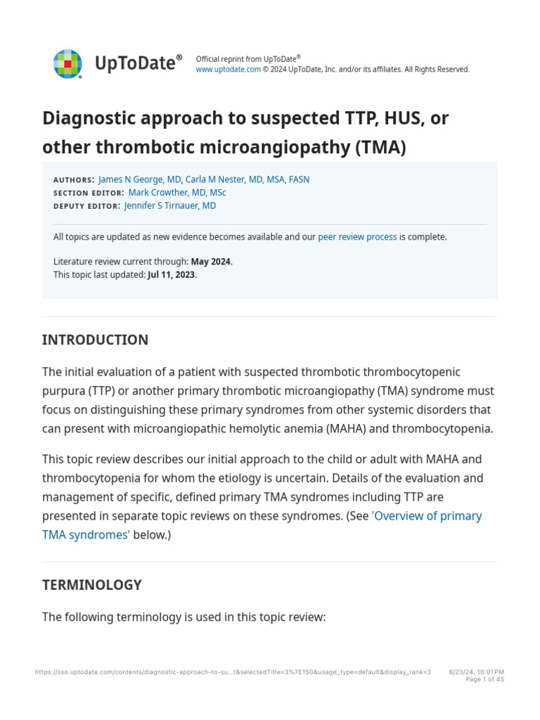 Diagnostic Approach to TTP and TMA | PDF | Hematopoietic Stem Cell ...