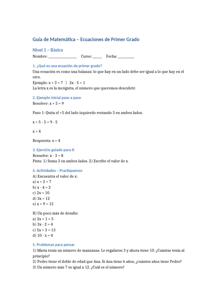 Guia_Ecuaciones_Primer_Grado_Niveles | PDF | Ecuaciones | Matemática Elemental