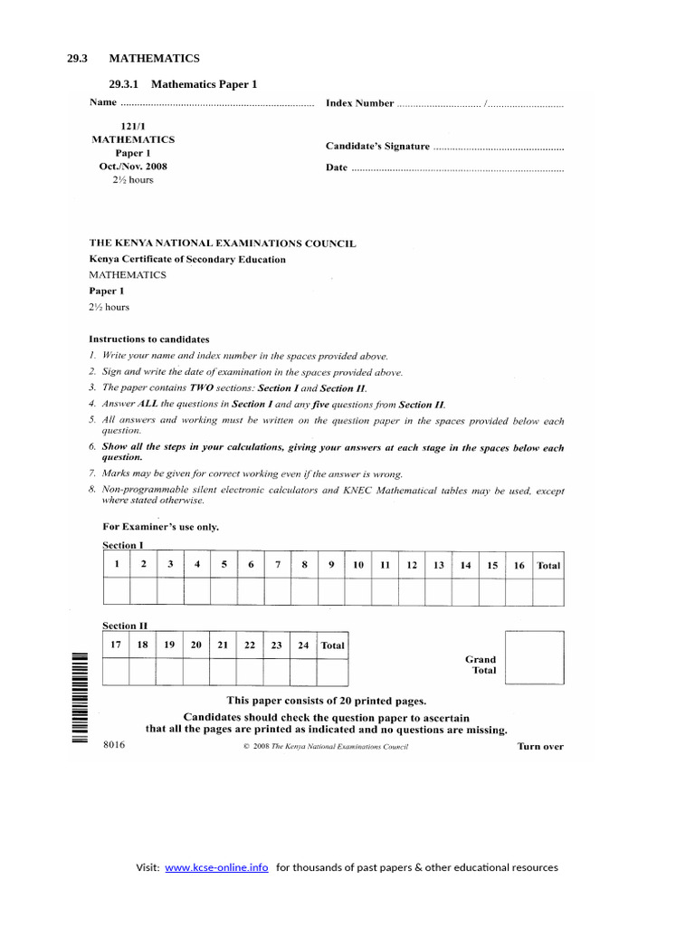 KCSE Mathematics Paper 1 Resources | PDF