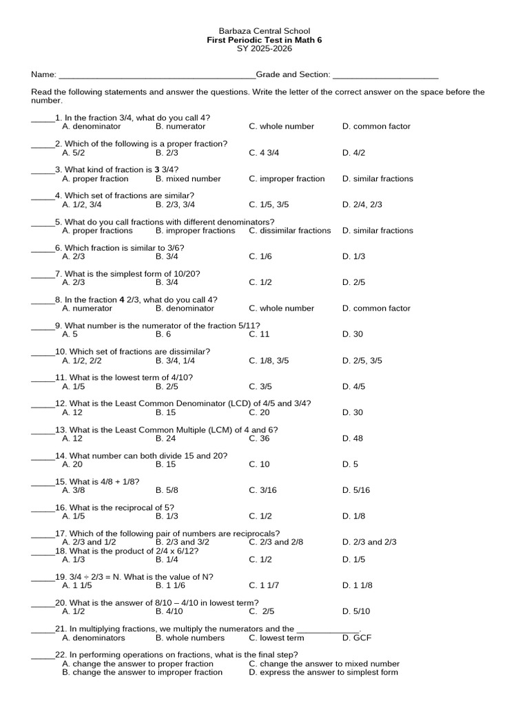 First Periodic Test in Math 6 Q1 2025-2026 | PDF | Algebra | Division ...